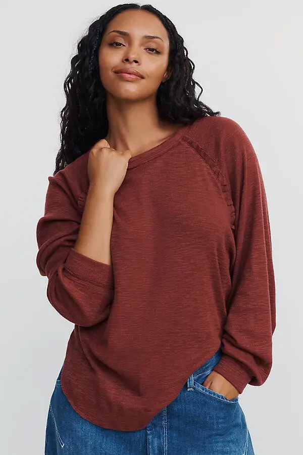 PILCRO Ruffled Raglan Thermal Top - Chocolate