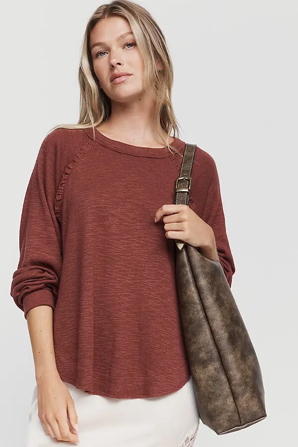 PILCRO Ruffled Raglan Thermal Top - Chocolate