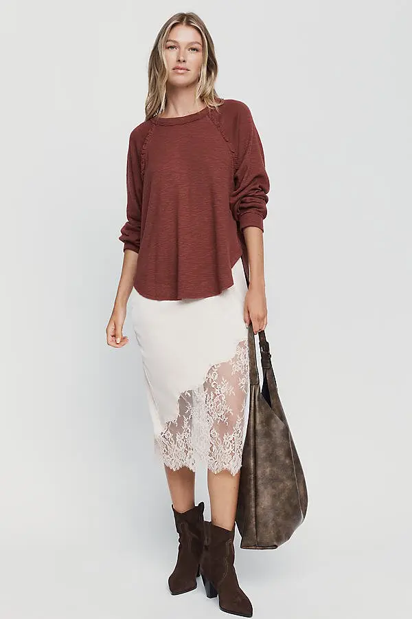 PILCRO Ruffled Raglan Thermal Top - Chocolate