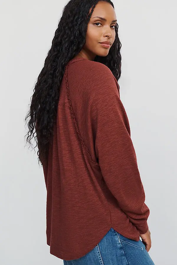 PILCRO Ruffled Raglan Thermal Top - Chocolate