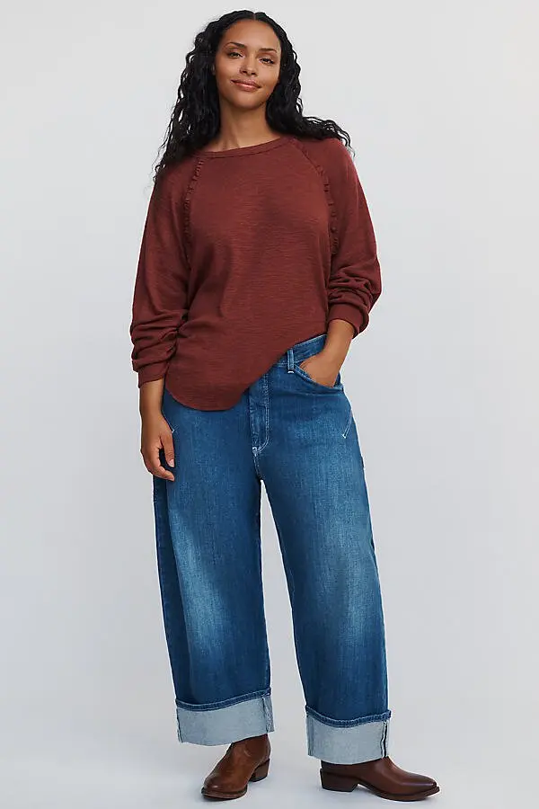 PILCRO Ruffled Raglan Thermal Top - Chocolate