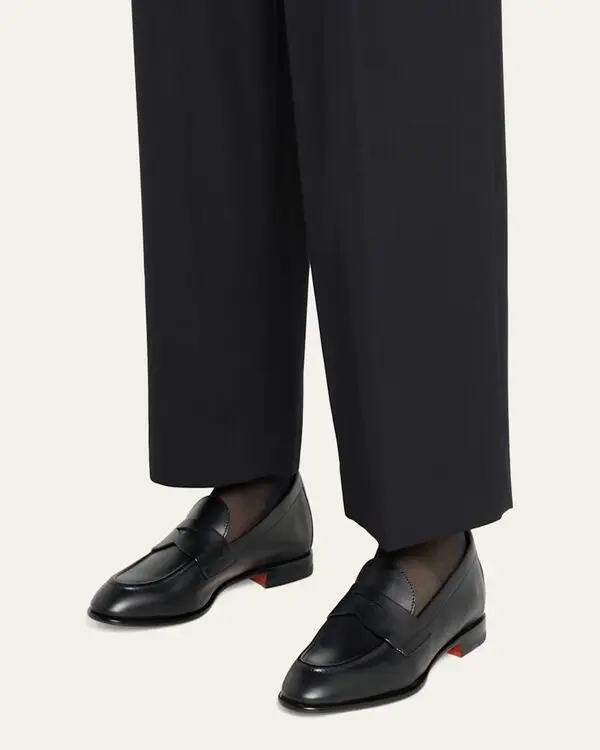 Santoni Famed Leather Penny Loafers - Black