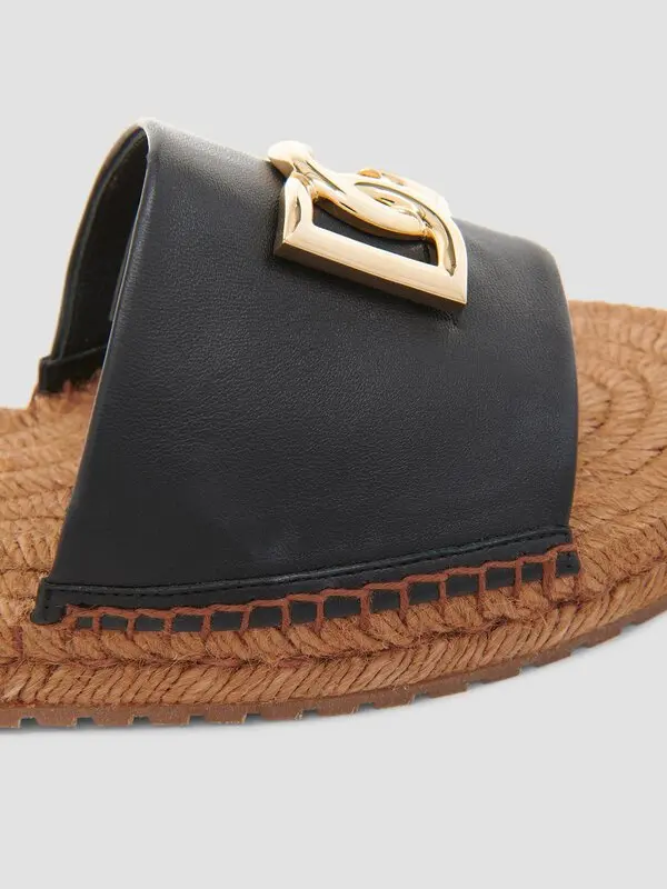 Dolce & Gabbana Logo Leather Flat Espadrille Sandals - Nero
