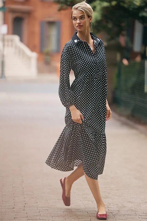 Maeve Tiered Shirt Dress - Black Dot