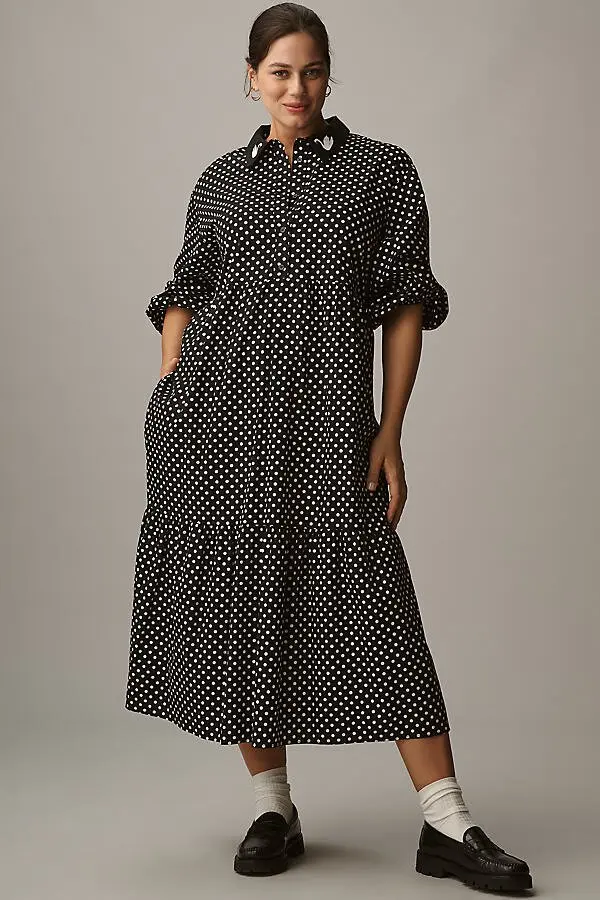 Maeve Tiered Shirt Dress - Black Dot