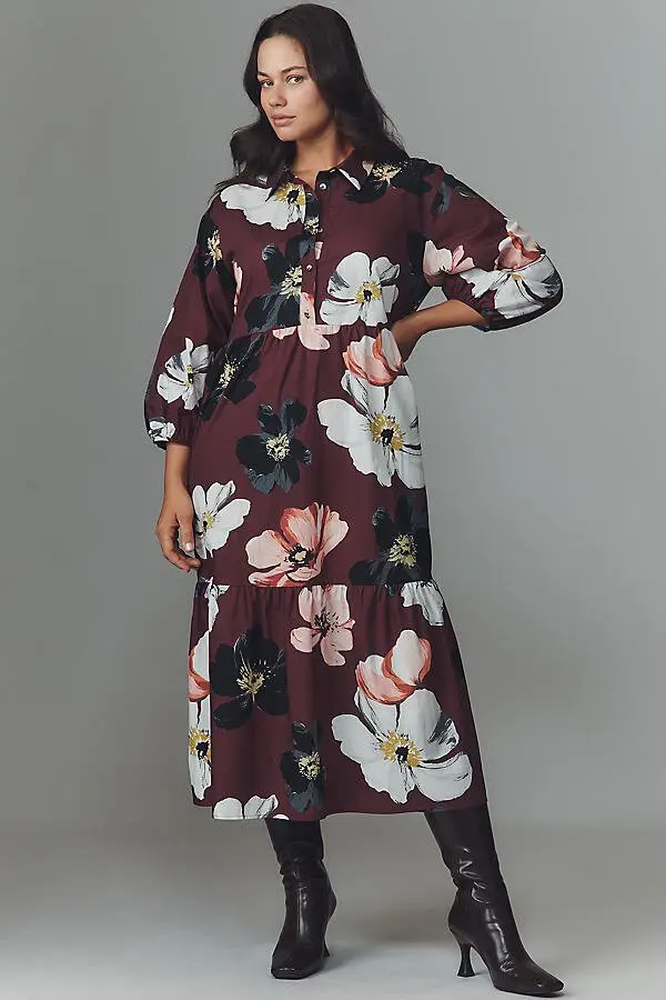 Maeve The Bettina Tiered Shirt Dress - Maroon