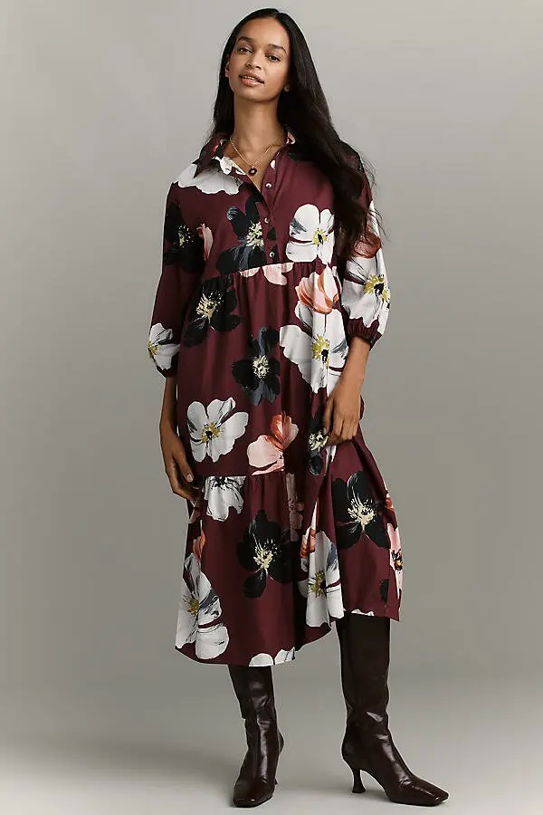 Maeve Betta 100% Cotton Midi Shirtdress - Maroon