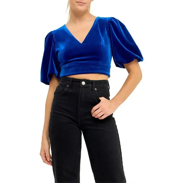 Endless Rose Puff Sleeve Velvet Crop Top - Cobalt Blue