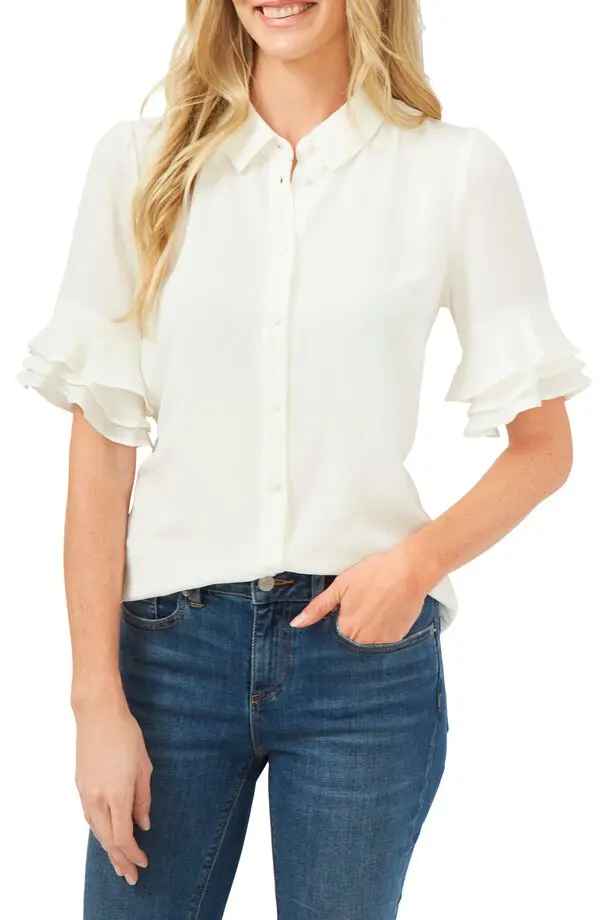 CECE DUPRAZ Ruffle Sleeve Crepe Button-up Shirt - Soft Ecru