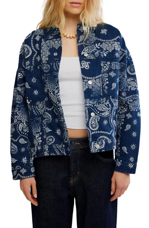 Free People Printed Denim Jacket - Navy Combo- Bandana