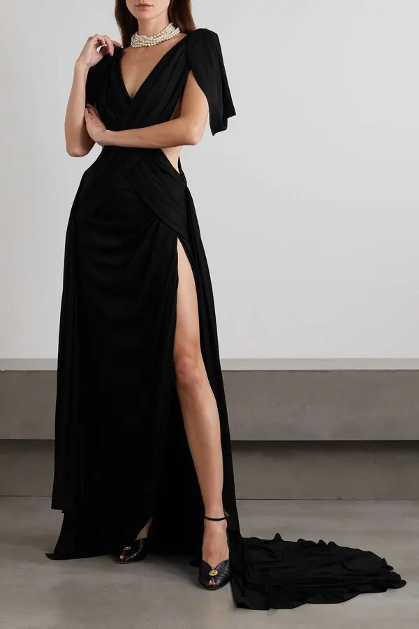 Gucci Cape-Effect Cutout Draped Jersey Gown - Black | Editorialist