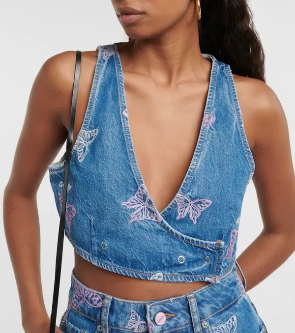 GANNI Embroidered Denim Crop Top