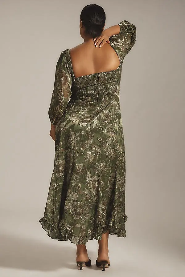 HUTCH Printed Twist-front Puff-sleeve Ruffle-hem Dress