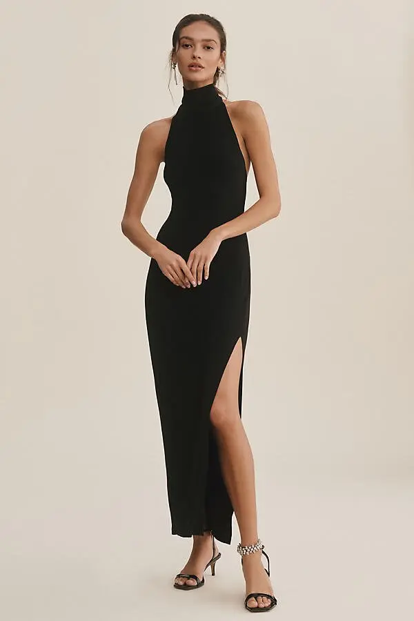 Norma Kamali Halter Turtleneck Side-slit Midi Dress