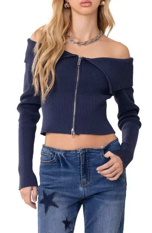 EDIKTED Double Zip Off The Shoulder Crop Sweater - Blue