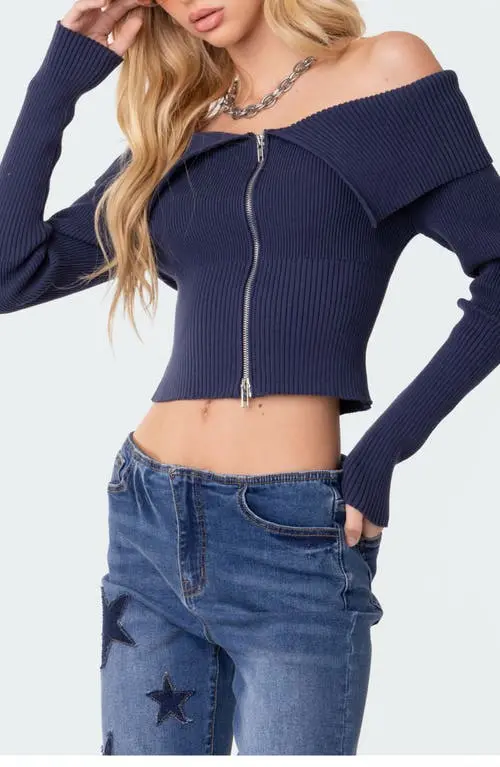 EDIKTED Double Zip Off The Shoulder Crop Sweater