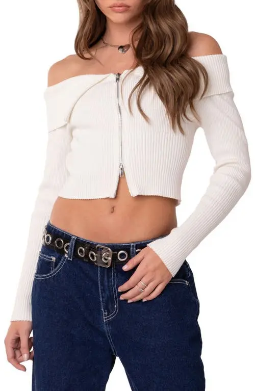 EDIKTED Double Zip Off The Shoulder Crop Sweater - Cream