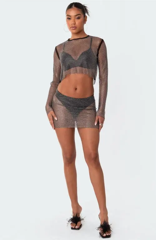 EDIKTED Embellished Sheer Fishnet Crop Top