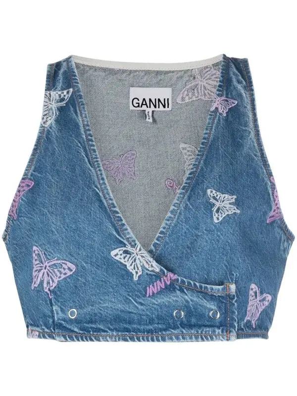 GANNI Embroidered Denim Crop Top