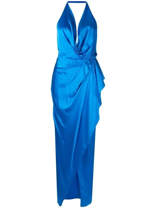 Michelle Mason Satin Halterneck Gown - Blue