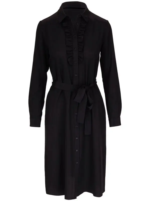 NILI LOTAN Ruffled Detailing Silk Shirt Dress - Black