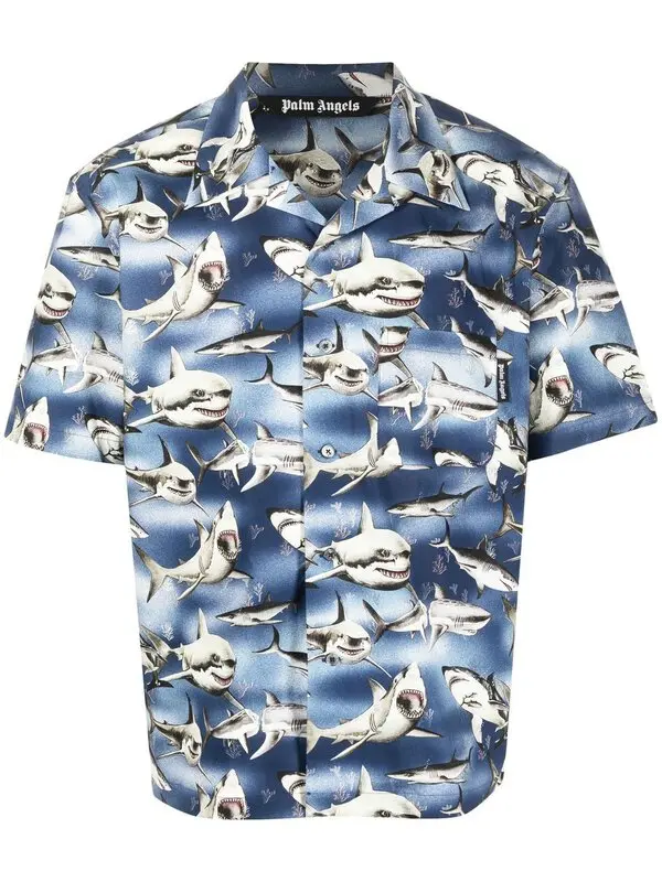 Palm Angels Sharks-print Bowling Shirt - Blue