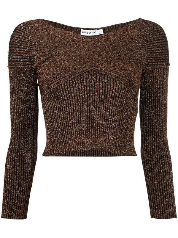 SELF-PORTRAIT Off-shoulder Metallic Knitted Top