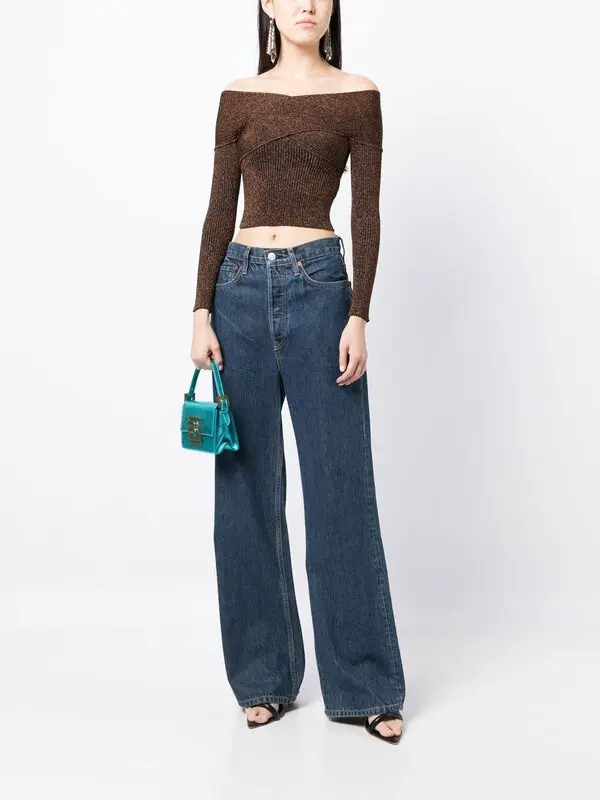 SELF-PORTRAIT Off-shoulder Metallic Knitted Top