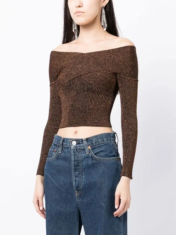 SELF-PORTRAIT Off-shoulder Metallic Knitted Top