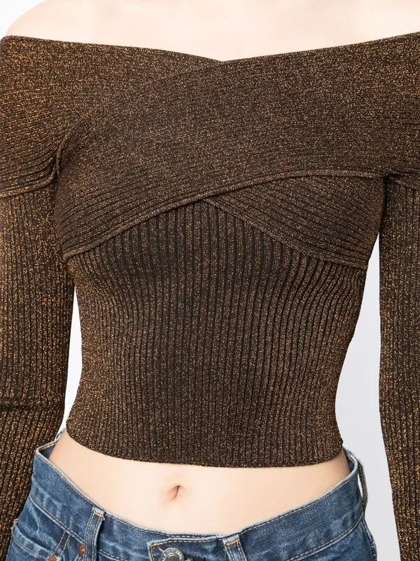 SELF-PORTRAIT Off-shoulder Metallic Knitted Top