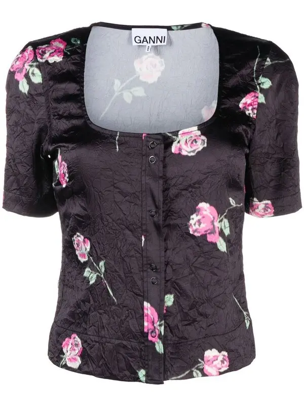 GANNI Floral-print Crinkled Satin Blouse - Black