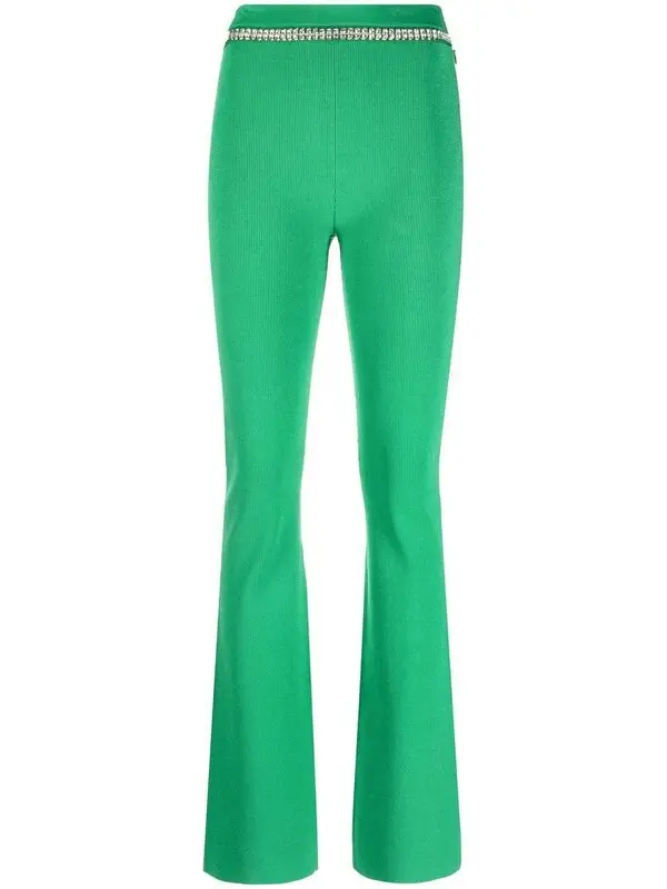 Rabanne Rhinestone-embellished Ribbed-knit Flared Trousers - Green