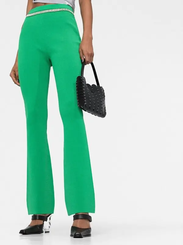 Rabanne Rhinestone-embellished Ribbed-knit Flared Trousers - Green
