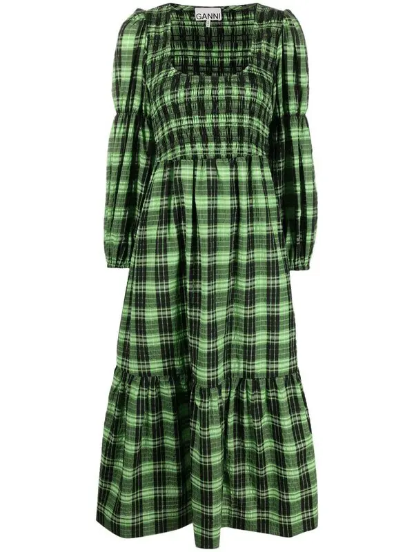 GANNI Seersucker Check Midi Dress - Black