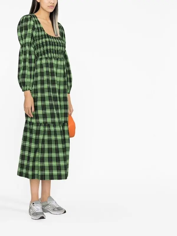 GANNI Seersucker Check Midi Dress - Black