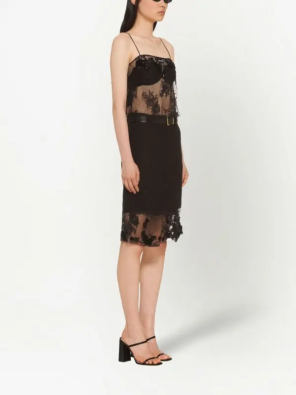 Miu Miu Floral-Lace Detail Midi Skirt - Black | Editorialist
