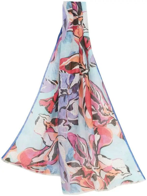 Etro Floral-print Linen Scarf - Blue