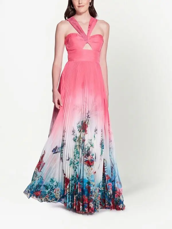 Marchesa Floral-print Pleated Gown