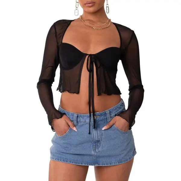 EDIKTED Mesh Long Sleeve Bra Top