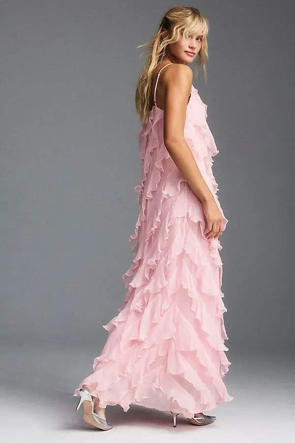Jia Bias-cut Ruffled V-neck Gown - Pink