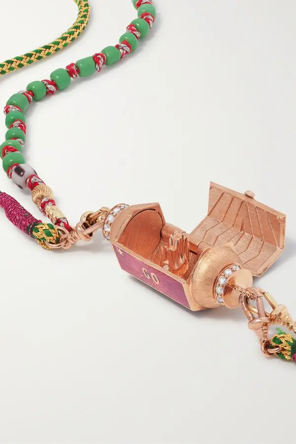 MARIE LICHTENBERG Prayers Box Locket 18-karat Rose And Yellow Bead, Enamel And Diamond Necklace