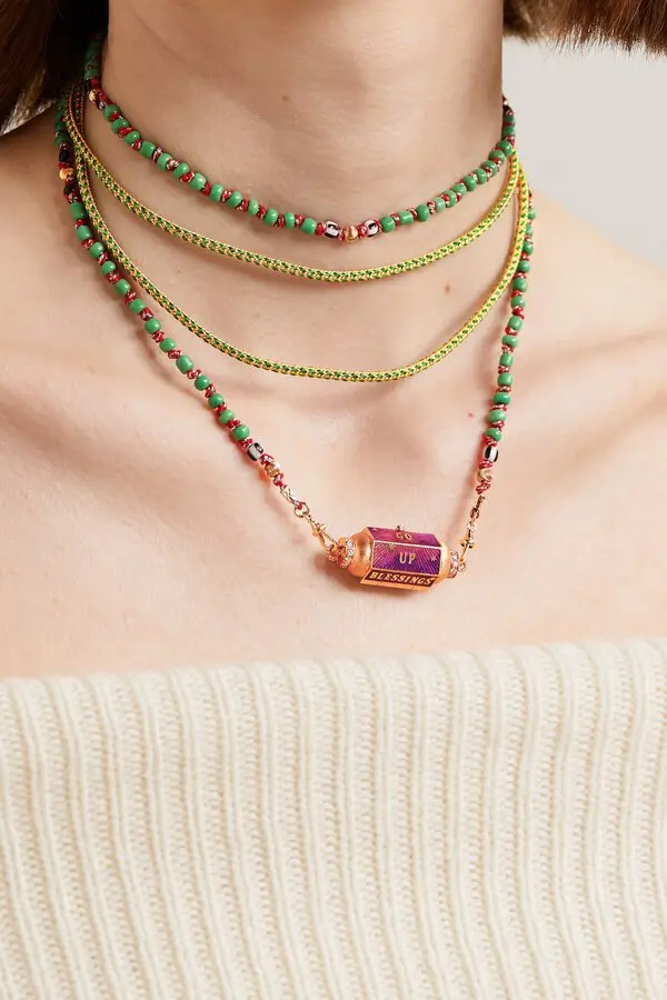 MARIE LICHTENBERG Prayers Box Locket 18-karat Rose And Yellow Bead, Enamel And Diamond Necklace