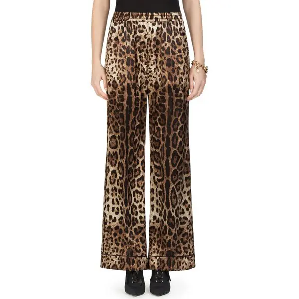 Dolce & Gabbana Leopard Print Wide Leg Stretch Silk Satin Pajama Pants - Hy13m Leo New