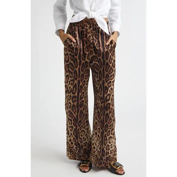 Dolce & Gabbana Leopard Print Wide Leg Stretch Silk Satin Pajama Pants - Hy13m Leo New