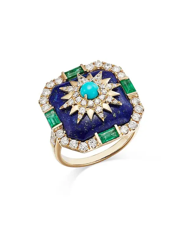 Bloomingdale'S 14k Yellow Gold Star Ring With Gemstones And Diamonds - Blue/yellow