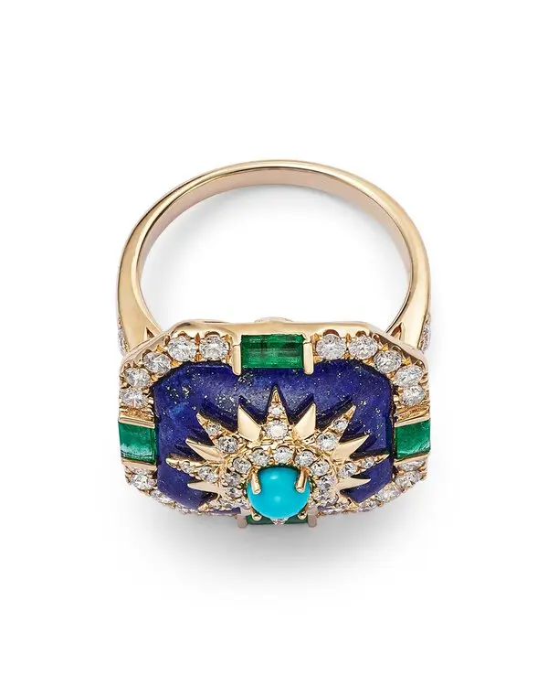 Bloomingdale'S 14k Yellow Gold Star Ring With Gemstones And Diamonds