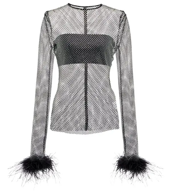 Giuseppe Di Morabito Embellished Feather-trimmed Net Top - Black