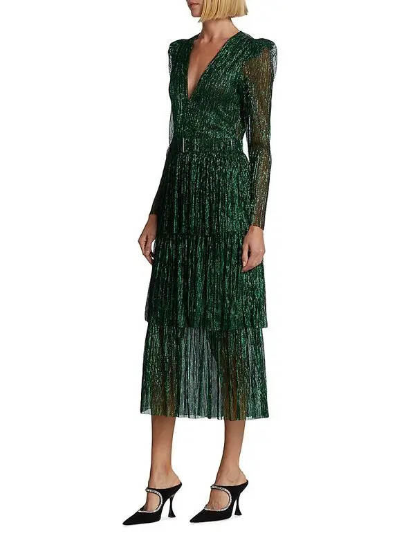 carry tiered belted metallic dress Sabina Musyev Carry Tiered Belted Metallic Dress