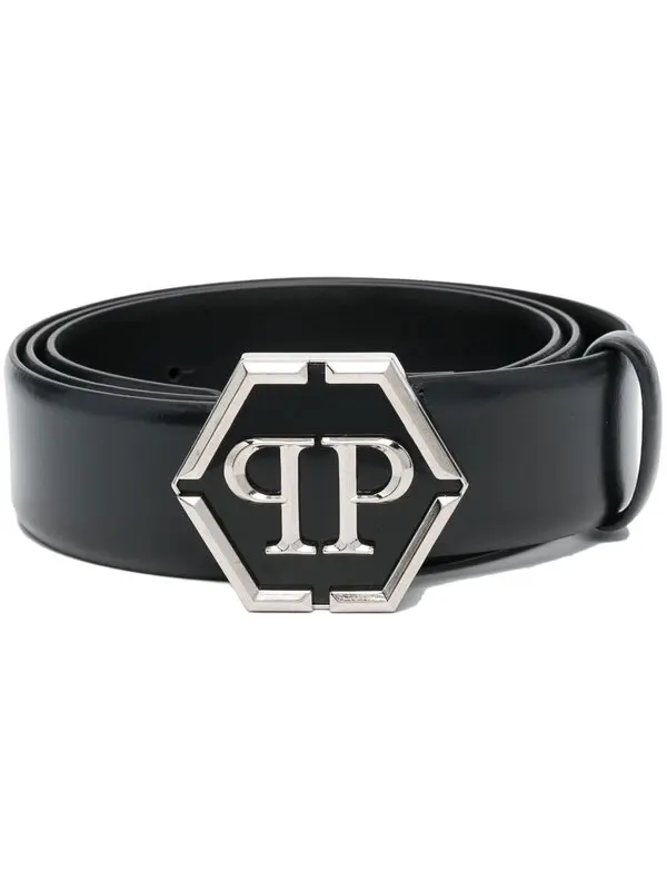Philipp Plein Hexagon Logo Leather Belt - Black