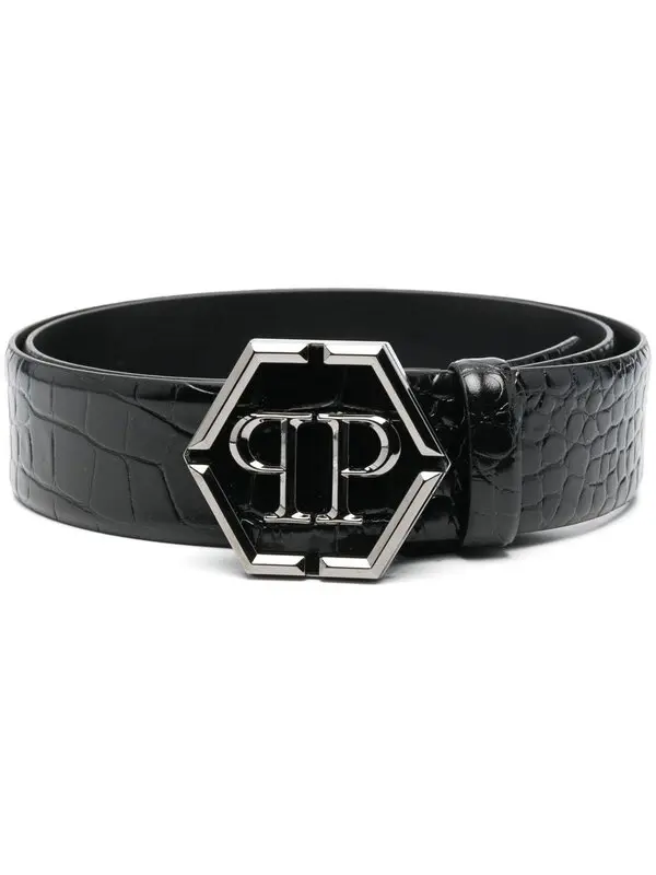 Philipp Plein Hexagon Logo Buckle Leather Belt - Black